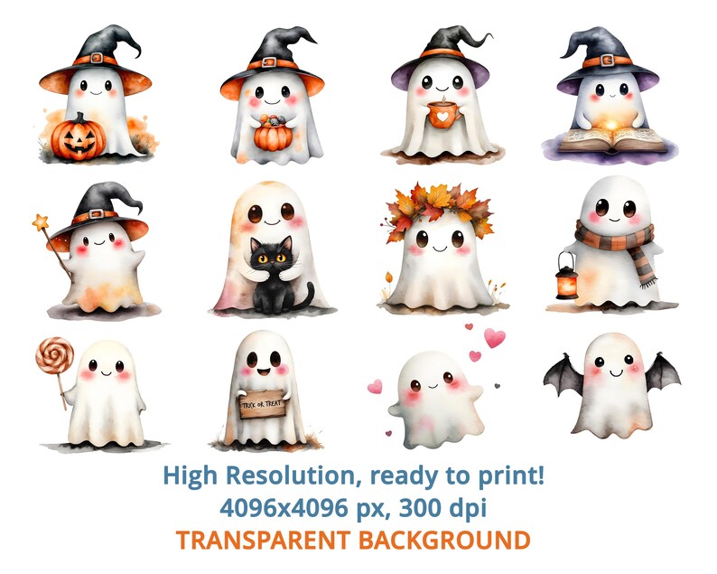 Cute Watercolor Ghost Clipart – 20 PNG Halloween Graphics, Kawaii ...