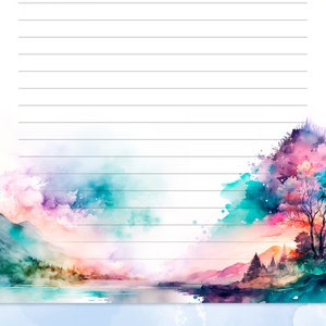 Printable Stationery Lined Paper With Magical Beautiful Watercolor ...