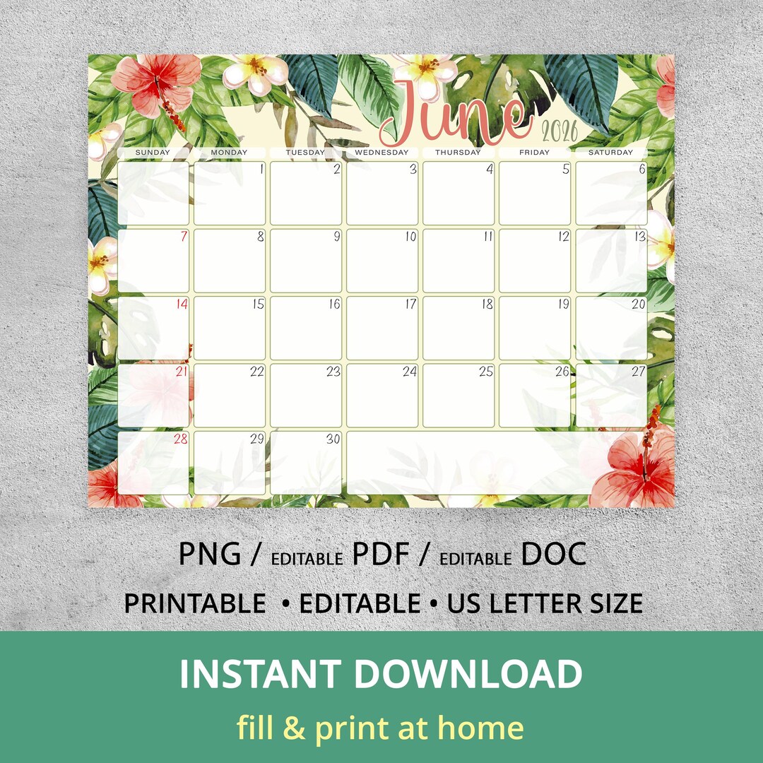Editable June 2025 Calendar With Tropical Leaves and Monstera, Wall ...