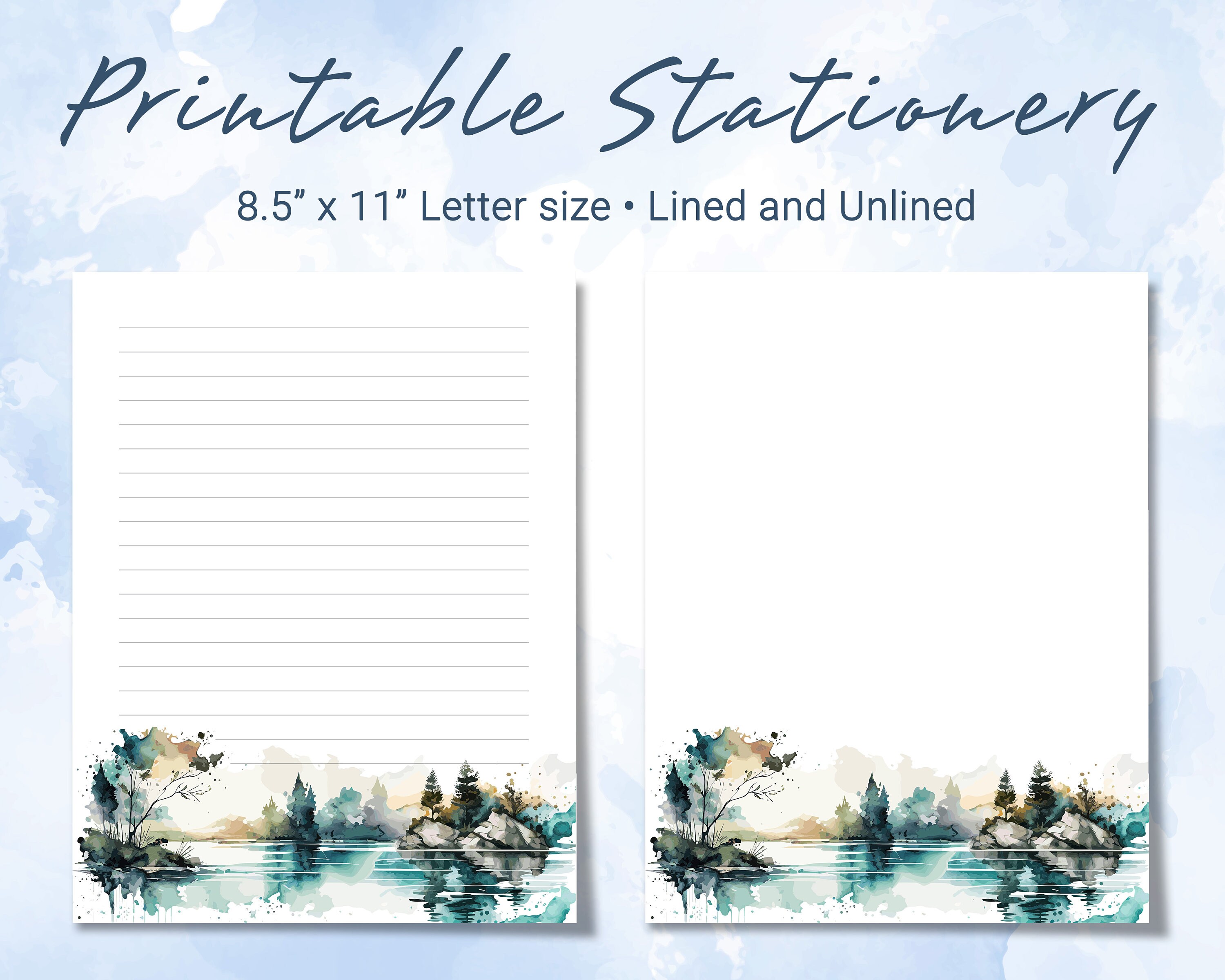 Printable Stationery Lined Paper With Mountain Landscape, Printable ...