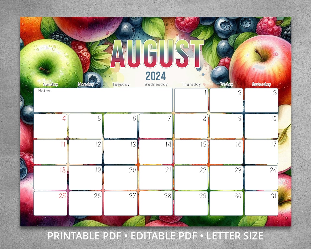 Calendario agosto 2024 editable, Calendario de pared 2024 con manzanas ...