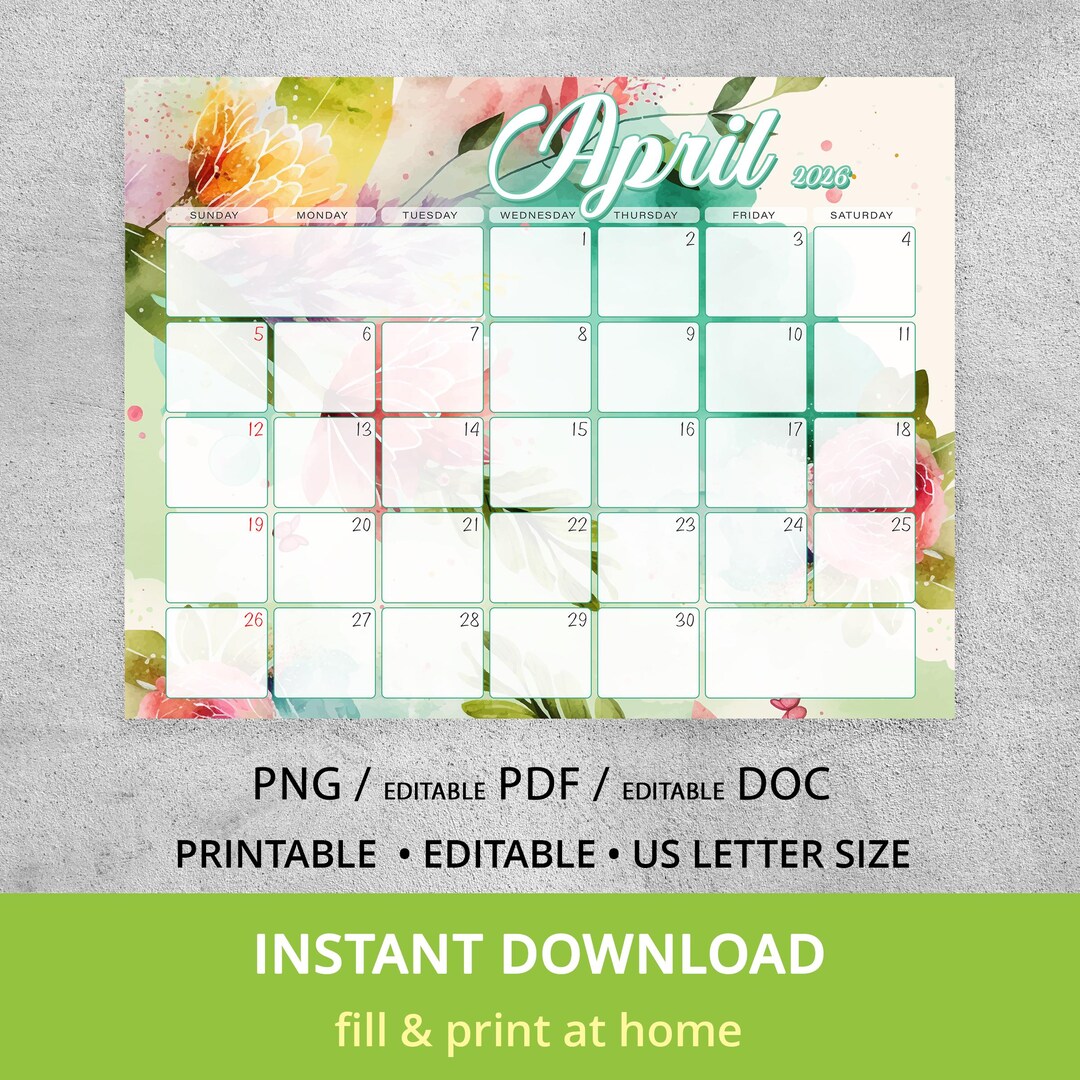 Editable April 2026 Calendar, Printable Floral Watercolor Monthly ...