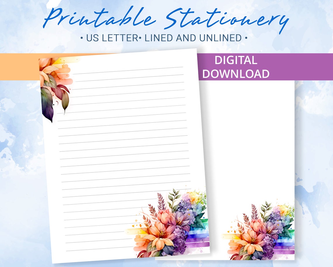 Printable Stationery Lined Paper With Colorful Flowers in Rainbow ...