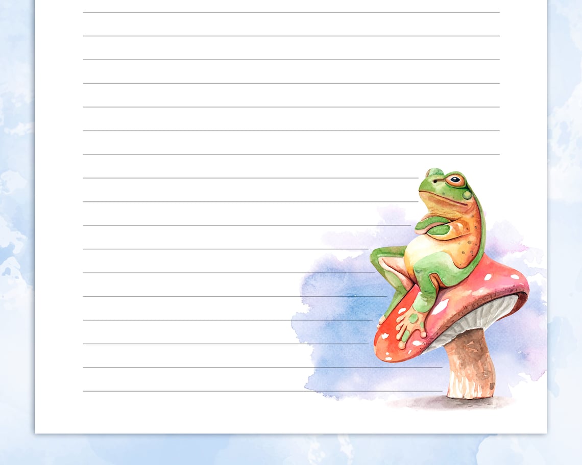Printable Stationery Lined Paper Watercolor Frog on Mushroom - Etsy