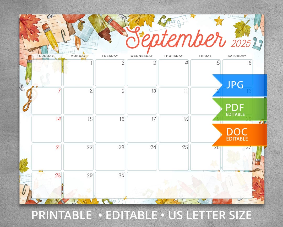 Editable September 2025 Printable Calendar, Back to School Fillable ...