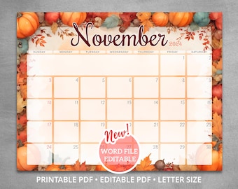 Editable November 2024 Calendar Printable Wall Calendar 2024 Fillable ...