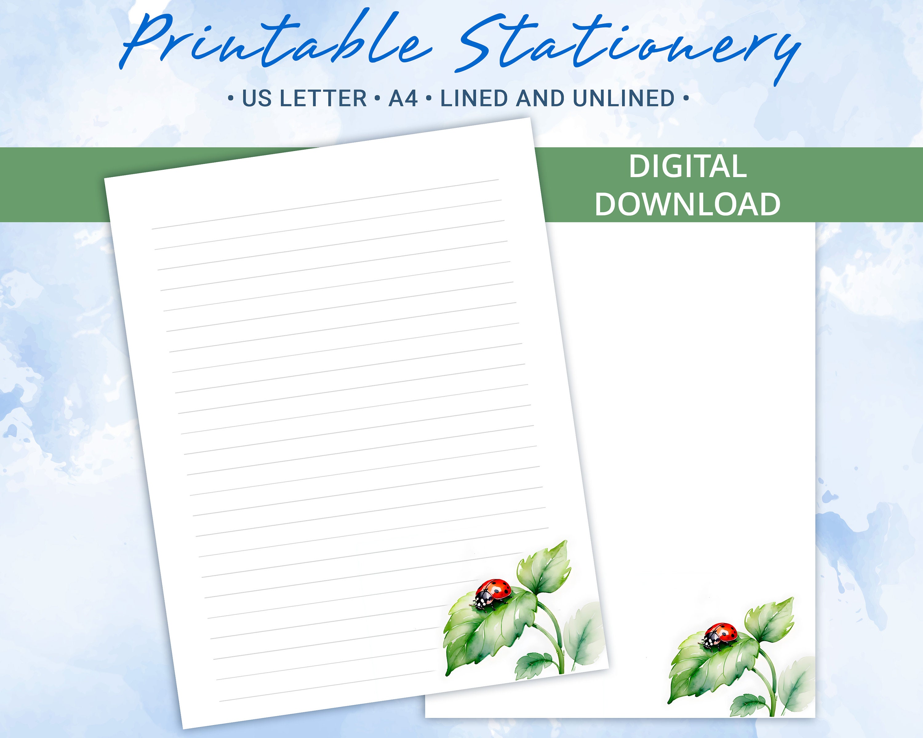 Printable Stationery Lined Paper, Letter Writing Paper With a Ladybug ...