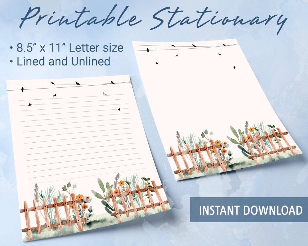 Printable Stationary Paper, Garden Fence Watercolor Printable Writing ...