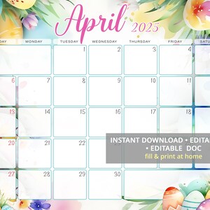 Editable April 2025 Calendar with an Easter background, Happy Easter ...