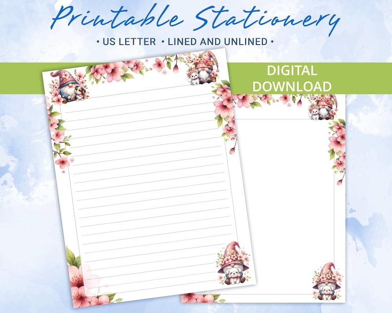 Printable Stationery Lined Paper, Letter Writing Paper With Cute Gnomes ...