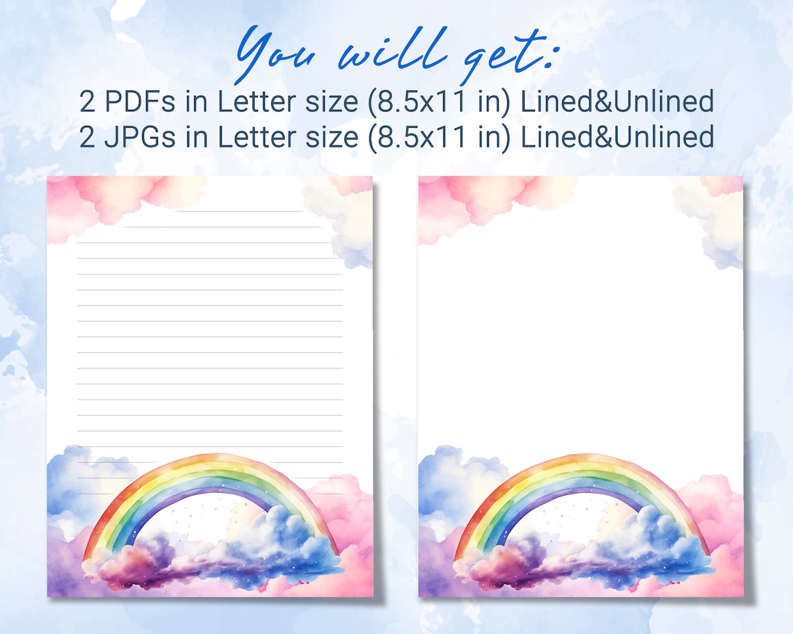 Printable Stationery Lined Paper With Watercolor Rainbow in the Sky ...