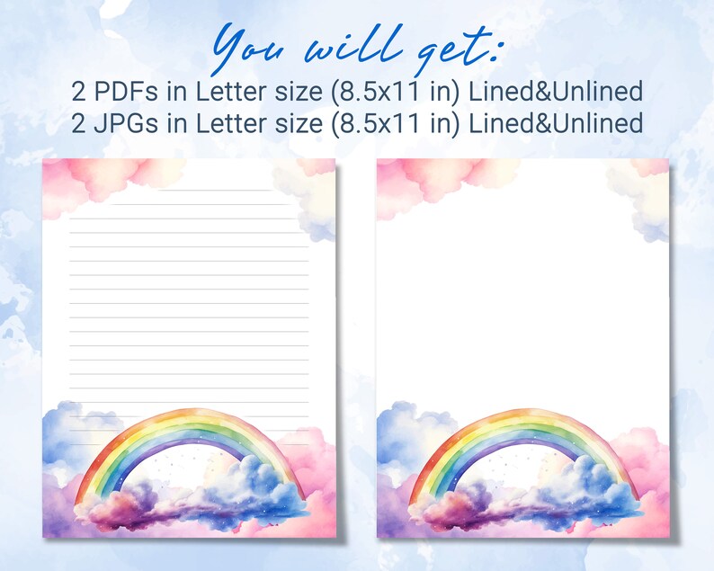 Printable Stationery Lined Paper With Watercolor Rainbow in the Sky ...