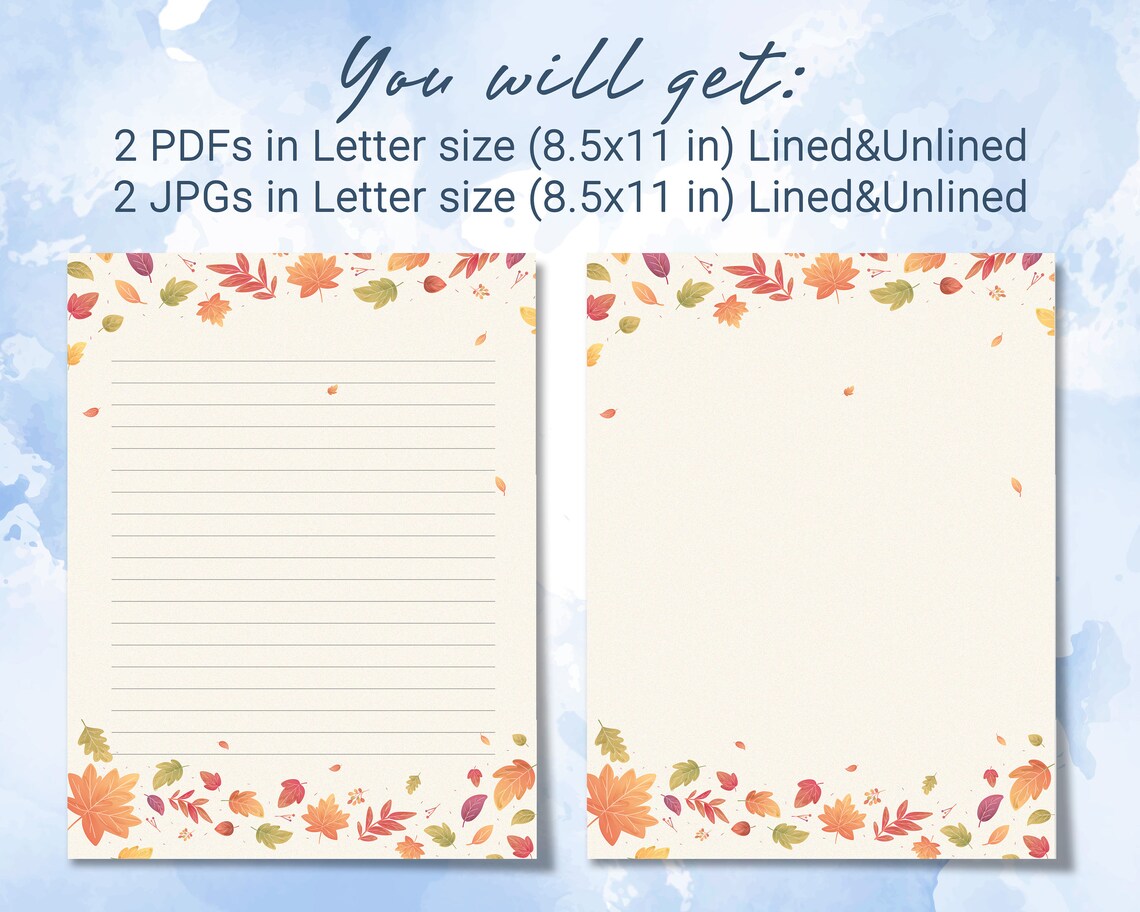 Autumn Printable Stationery Lined Paper, Watercolor Autumn Leaves ...
