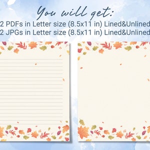 Autumn Printable Stationery Lined Paper, Watercolor Autumn Leaves ...