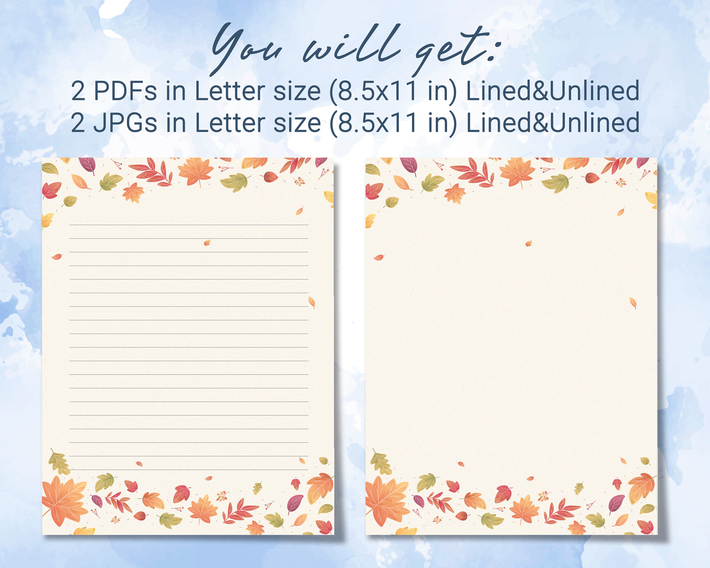 Autumn Printable Stationery Lined Paper, Watercolor Autumn Leaves ...