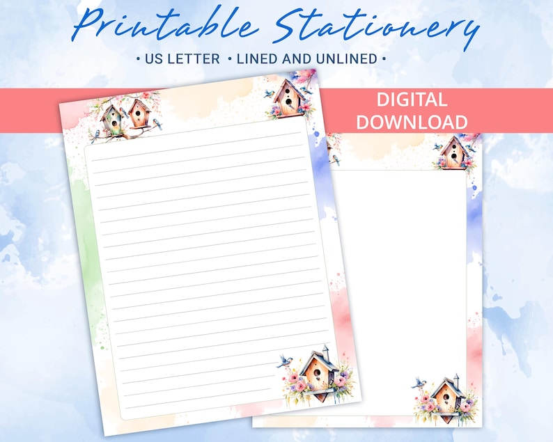 Printable Stationery Lined Paper, Letter Writing Paper With Birdhouses ...