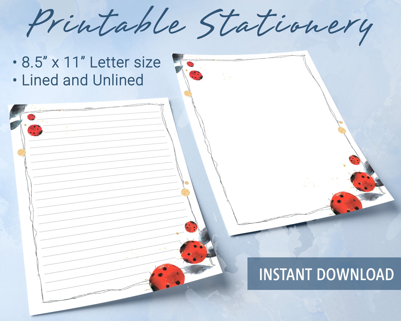 Printable Stationery Lined Paper With Ladybug and Leaves, Printable ...