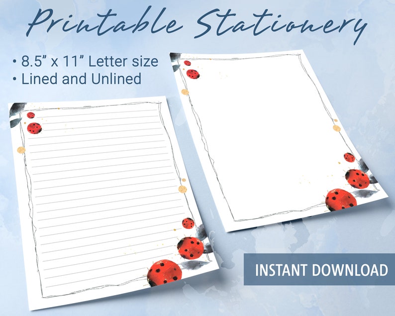Printable Stationery Lined Paper With Ladybug and Leaves, Printable ...