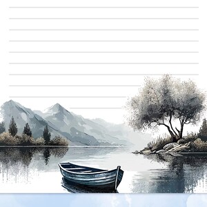 Printable Stationery Lined Paper With Lonely Boat Surrounded by Green ...