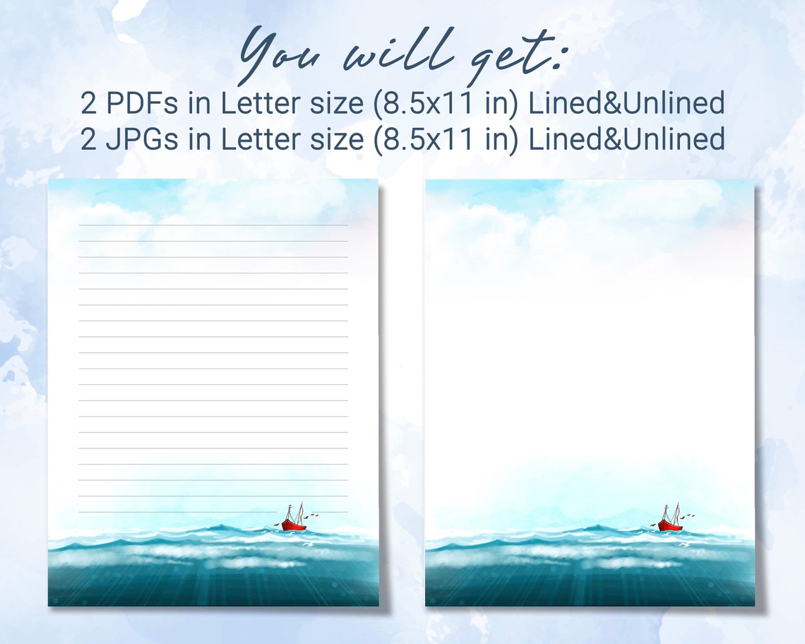 Printable Stationery Lined Paper With Landscape of Blue Ocean ...