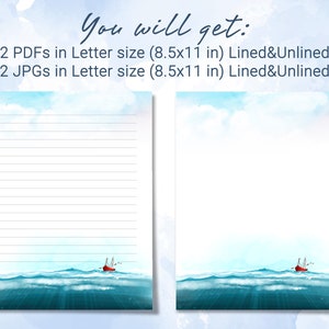 Printable Stationery Lined Paper With Landscape of Blue Ocean ...