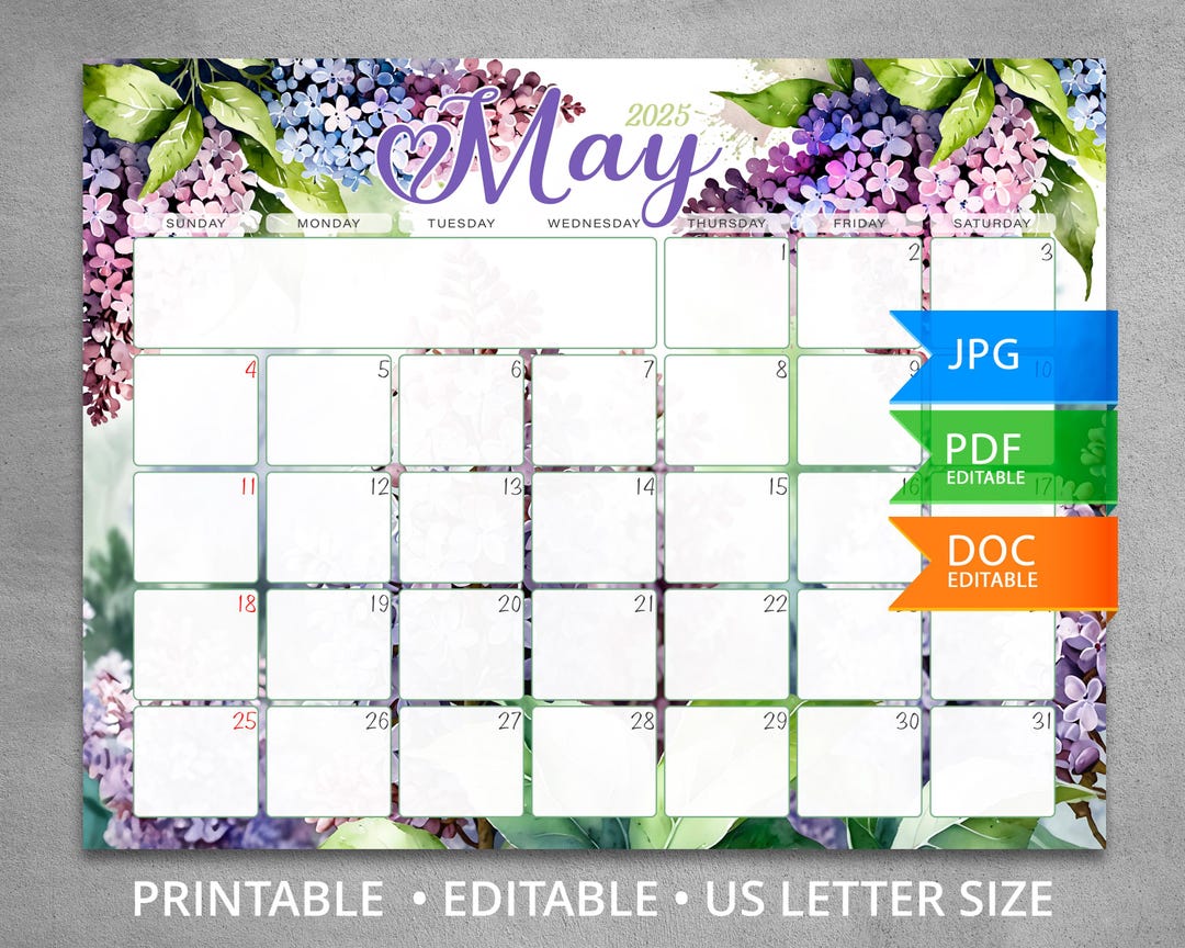 Editable May 2025 Calendar With Lilac, Floral Wall Calendar 2025 With ...