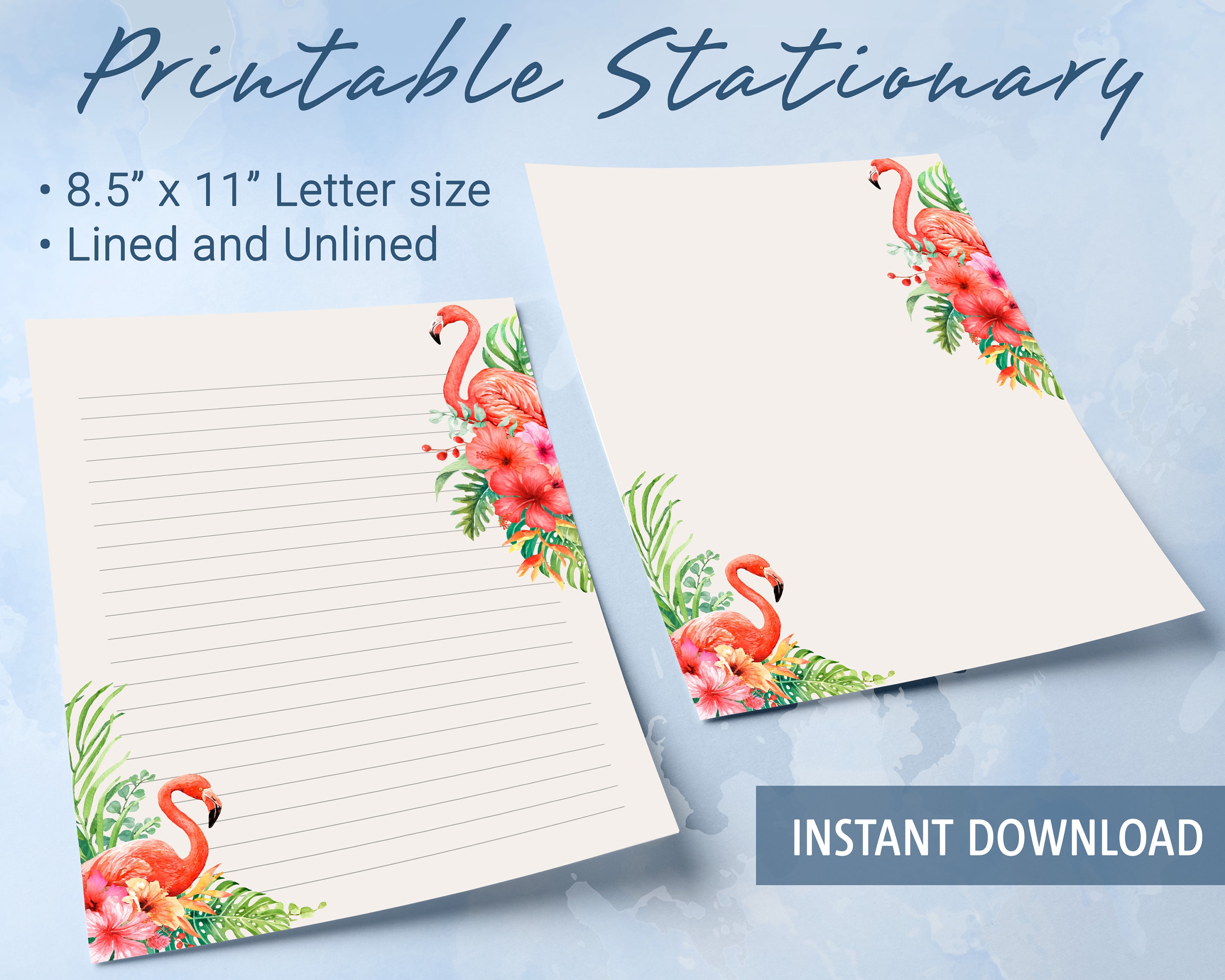 Floral Printable Stationery Lined Paper, Watercolor Flamingos Bouquet ...