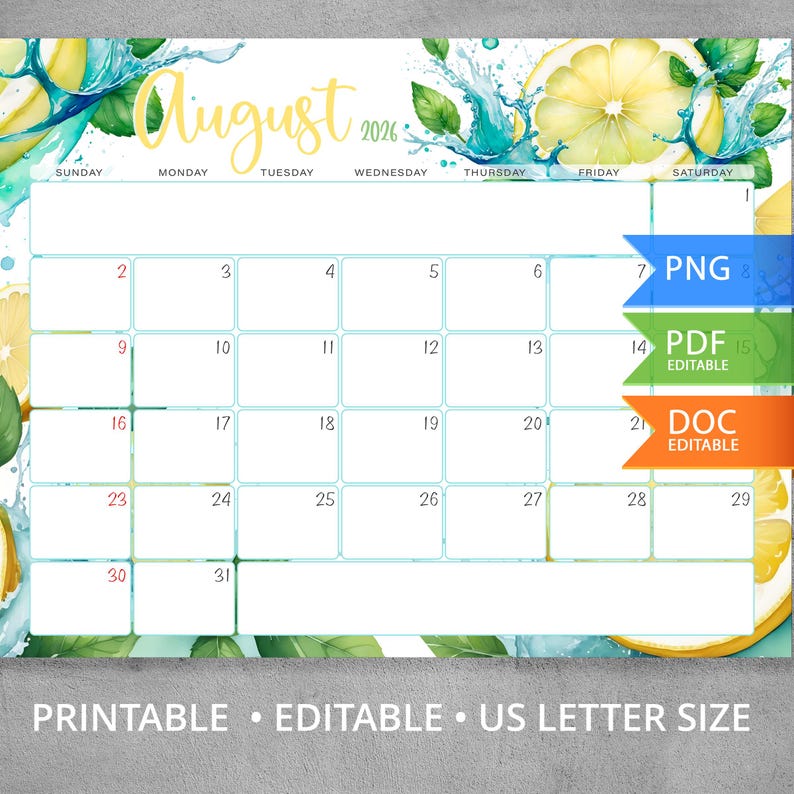 August 2026 Monthly Calendar, Lemon Watercolor Printable Planner ...