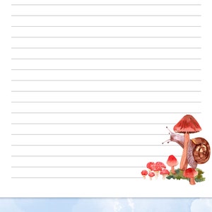 Printable Stationary Lined Paper, Mushrooms Fly Agaric Snail Watercolor ...