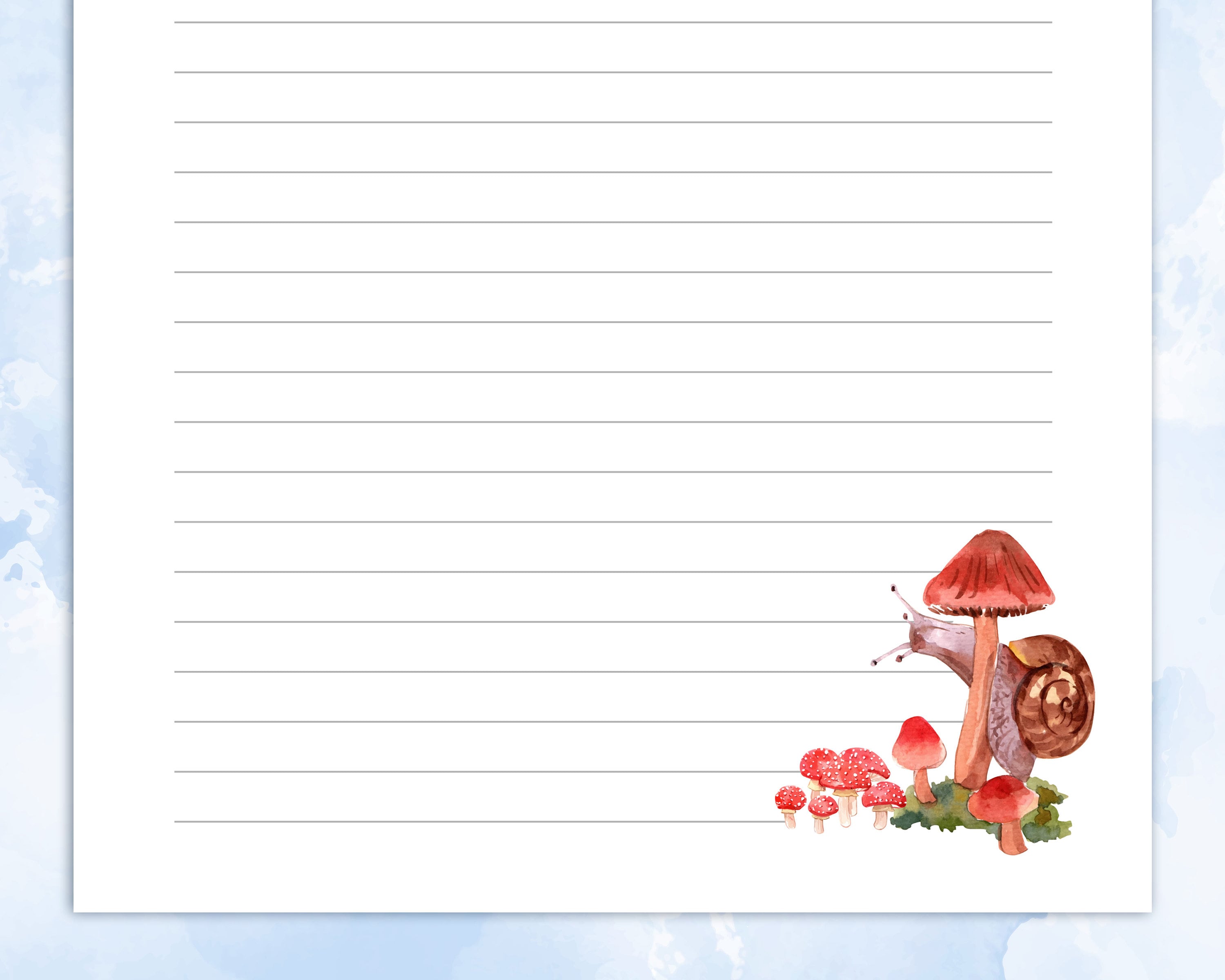 Printable Stationary Lined Paper, Mushrooms Fly Agaric Snail Watercolor ...