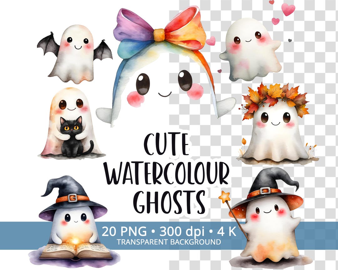 Cute Watercolor Ghost Clipart – 20 PNG Halloween Graphics, Kawaii ...