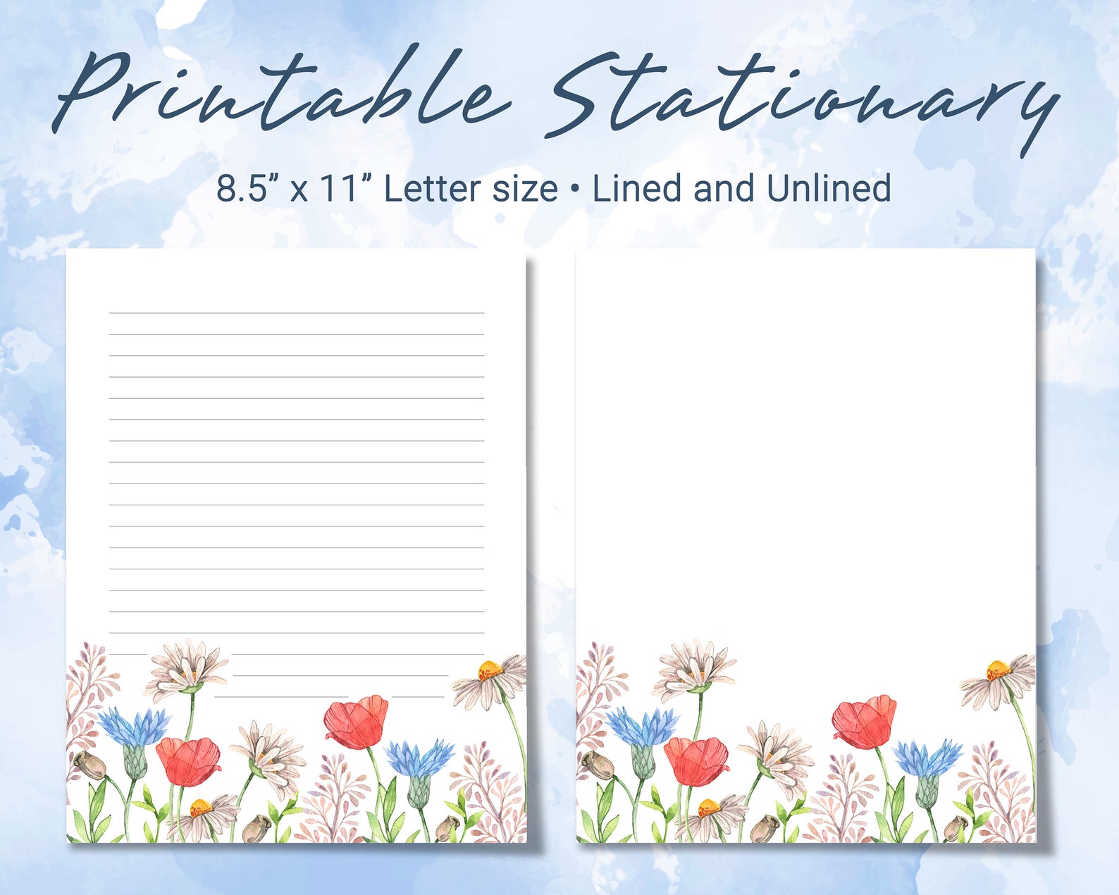 Floral Printable Stationery Lined Paper, Watercolor Wildflowers ...
