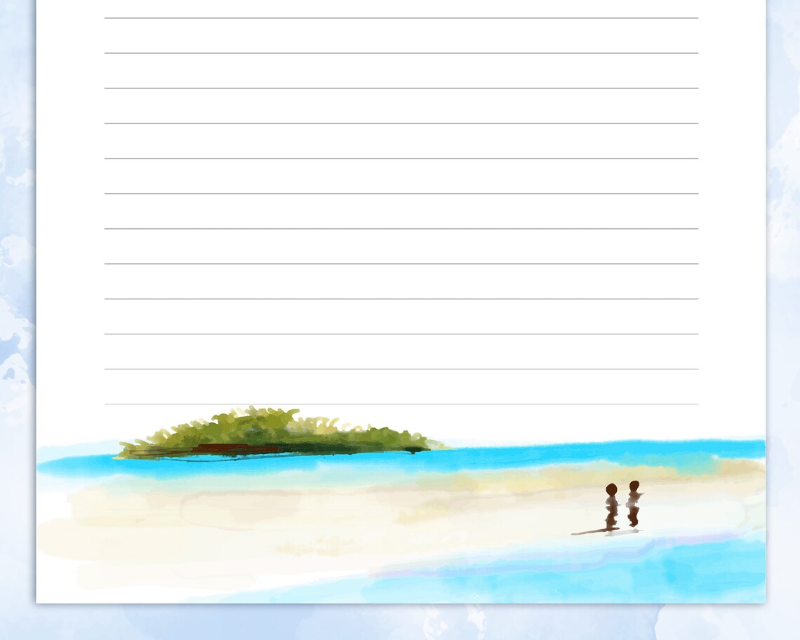 Printable Stationery Lined Paper With Sea Style Design Romantic Beach ...