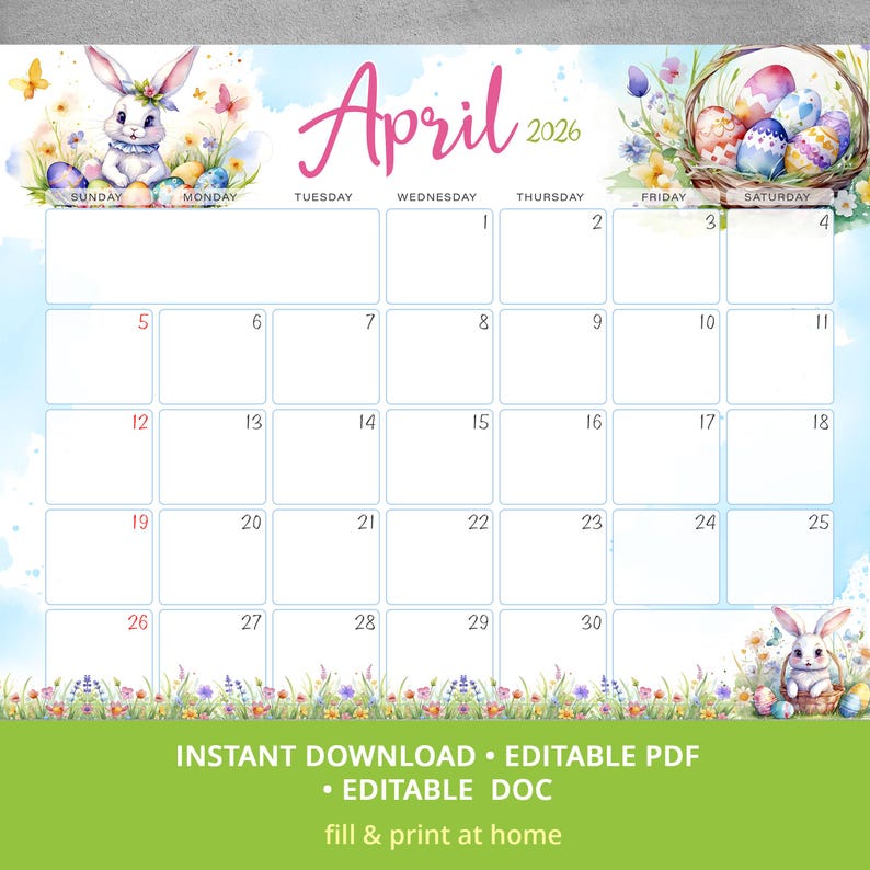 Editable April 2026 Calendar With an Easter Background, Happy Easter ...