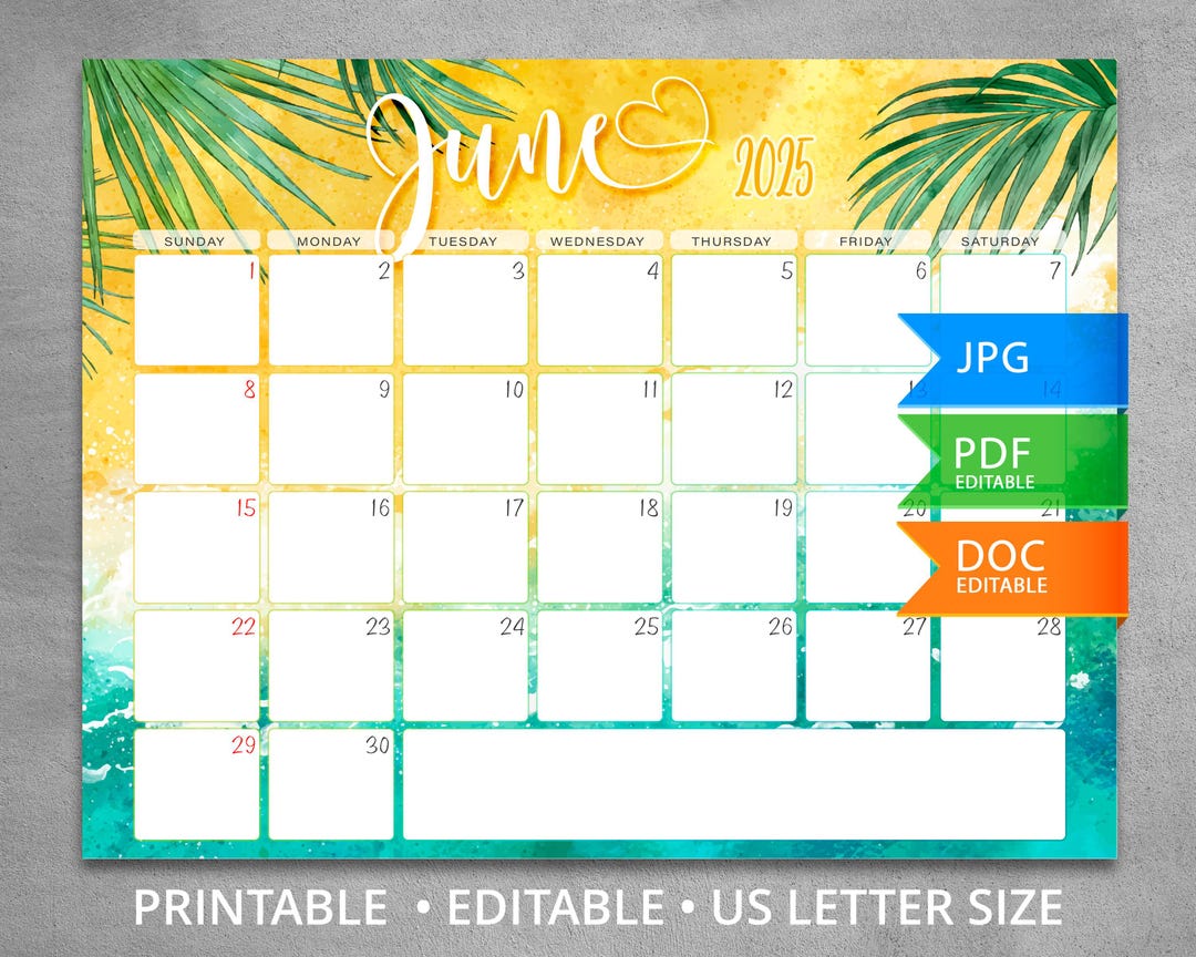 Editable June 2025 Calendar, Wall Calendar 2025 With Summer Background ...