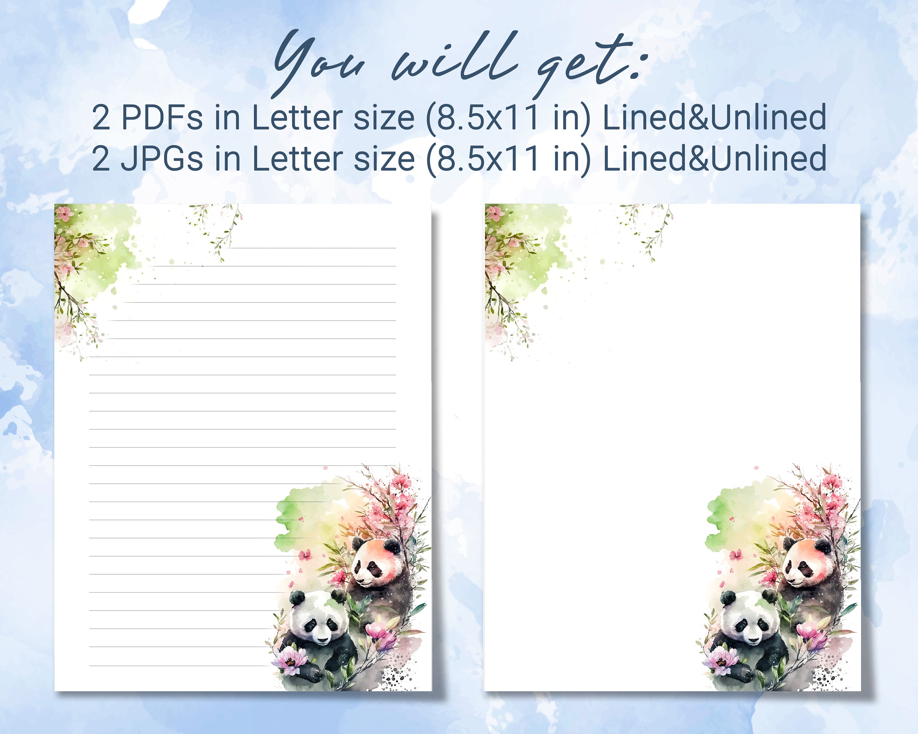 Printable Stationery Lined Paper With Watercolor Panda, Printable ...