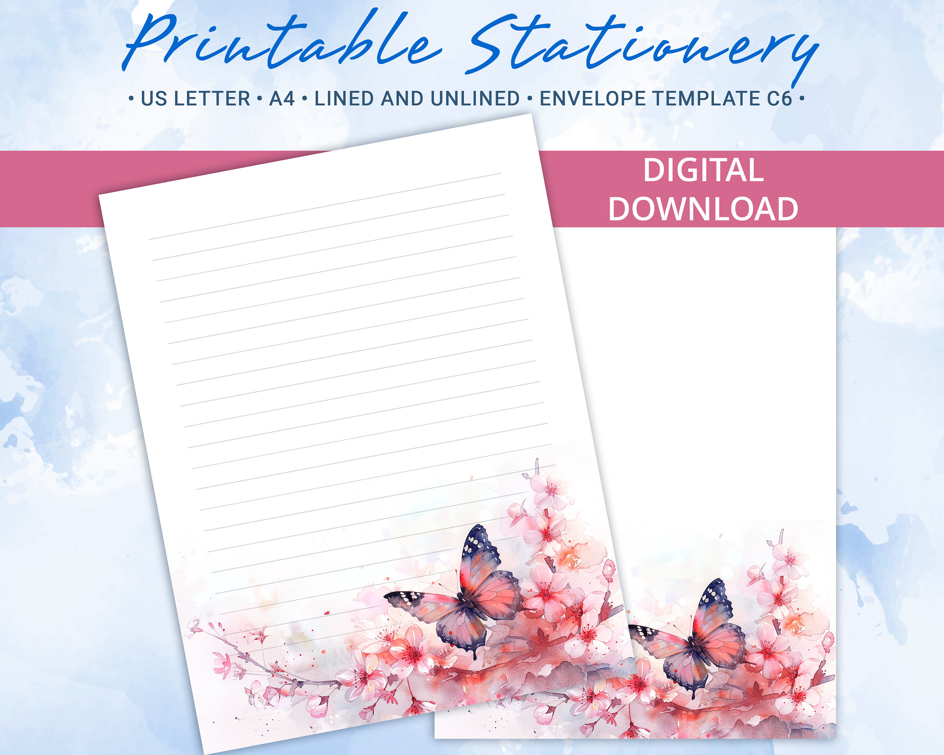 Printable Stationery Paper With Butterfly, Spring Writing Paper ...