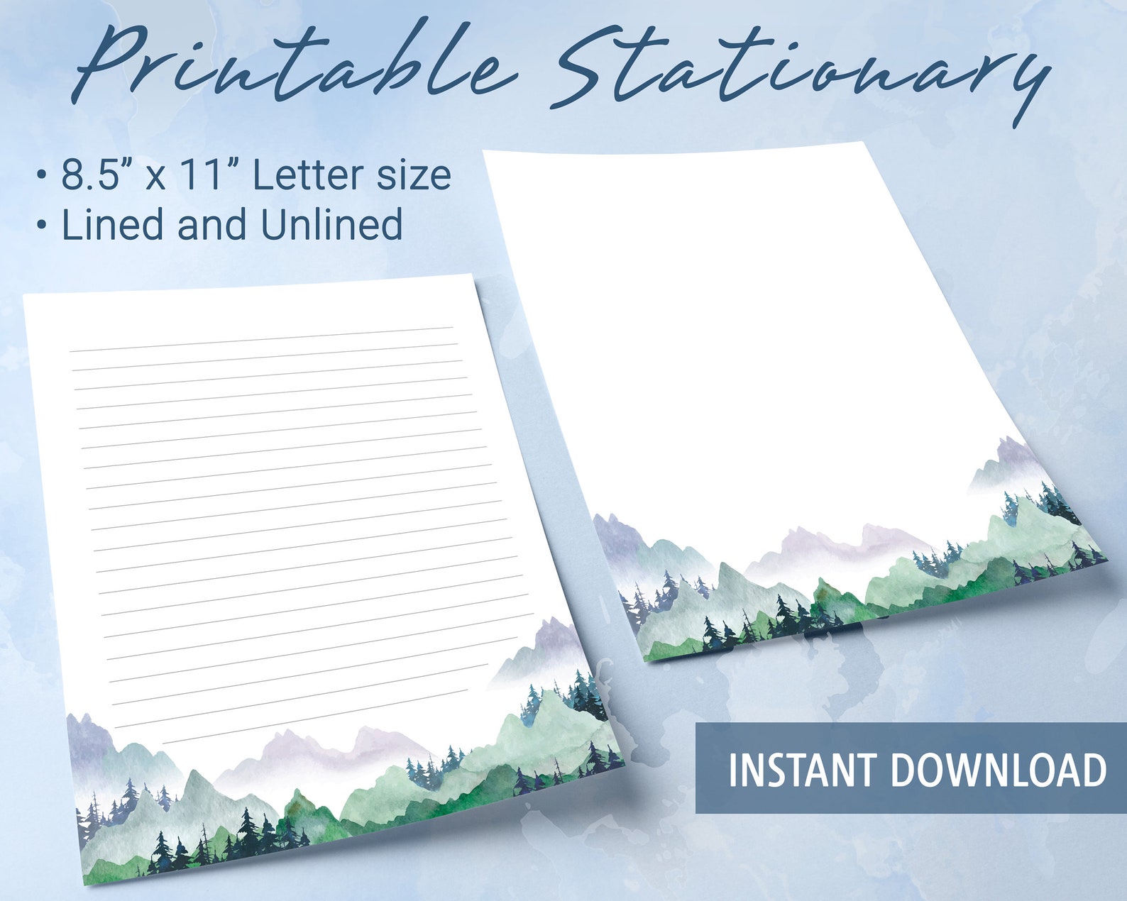 Printable Stationery Lined Paper With Watercolor Foggy Forest Mountains ...
