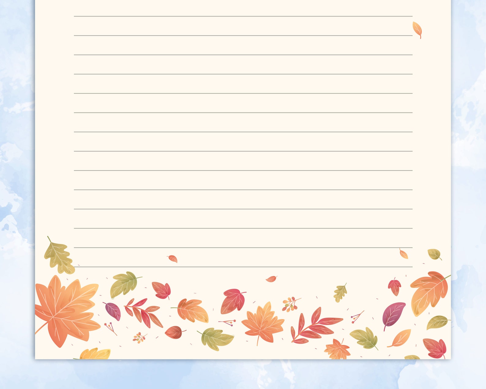 Autumn Printable Stationery Lined Paper, Watercolor Autumn Leaves ...