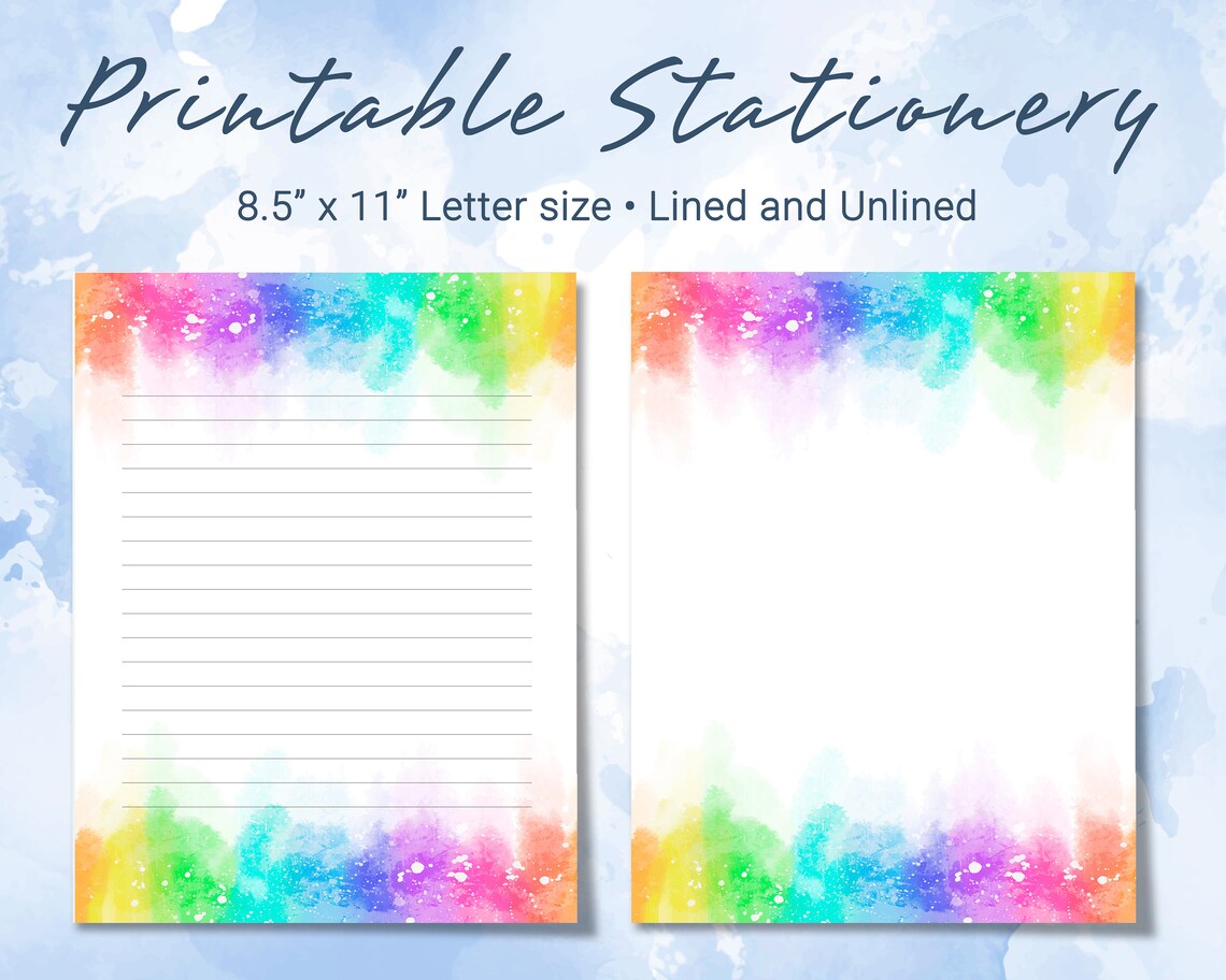 Printable Stationery Lined Paper With Watercolor Rainbow Background ...