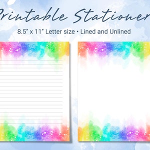 Printable Stationery Lined Paper With Watercolor Rainbow Background ...
