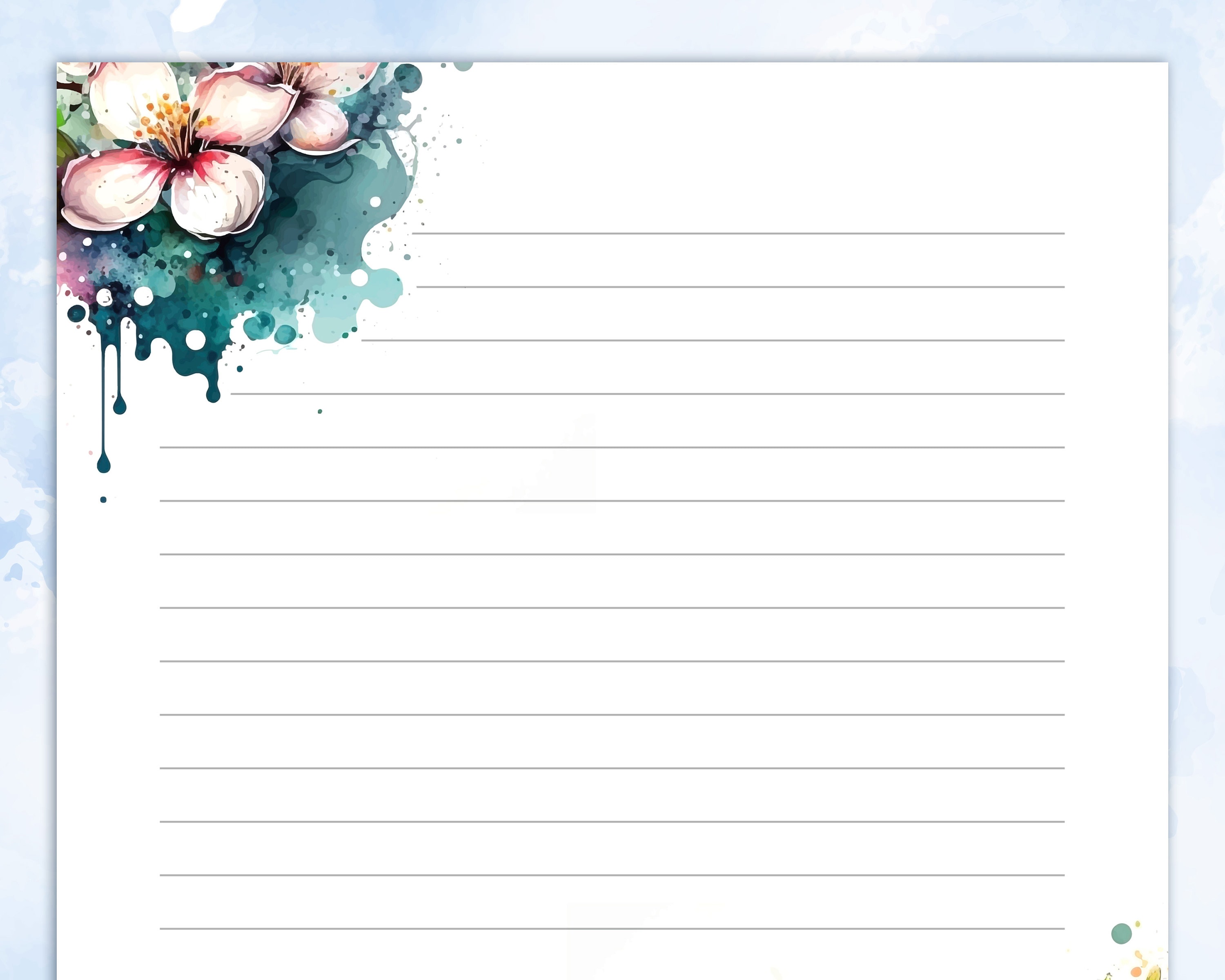 Floral Printable Stationery Lined Paper, Printable Writing Paper With ...