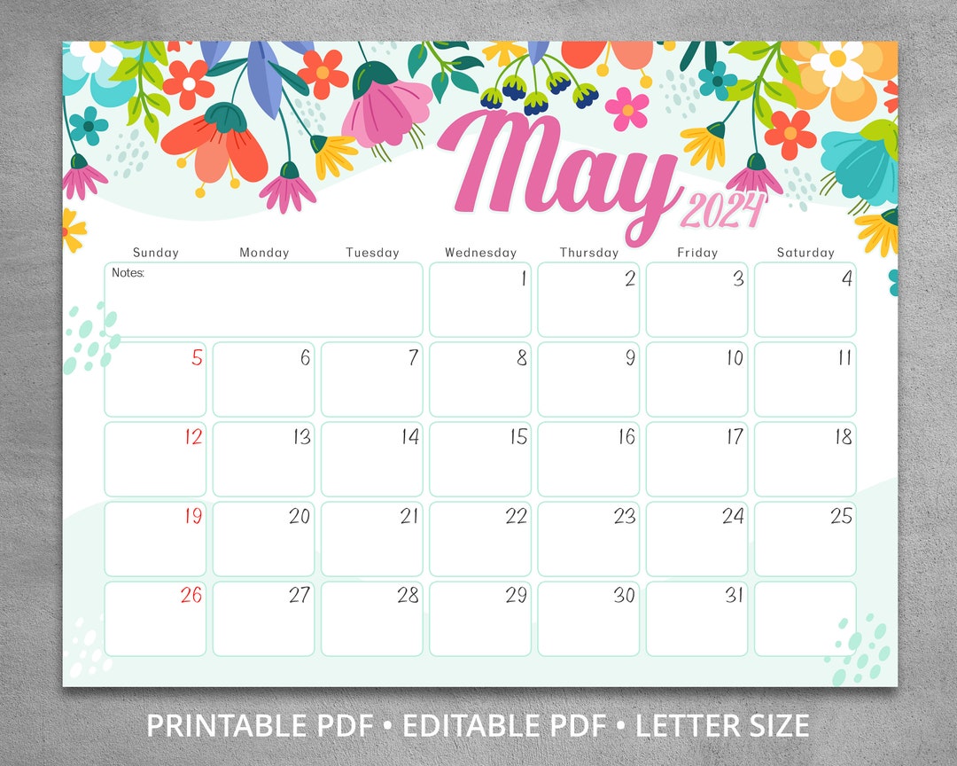 Calendario editable de mayo de 2024, Calendario floral de pared de ...