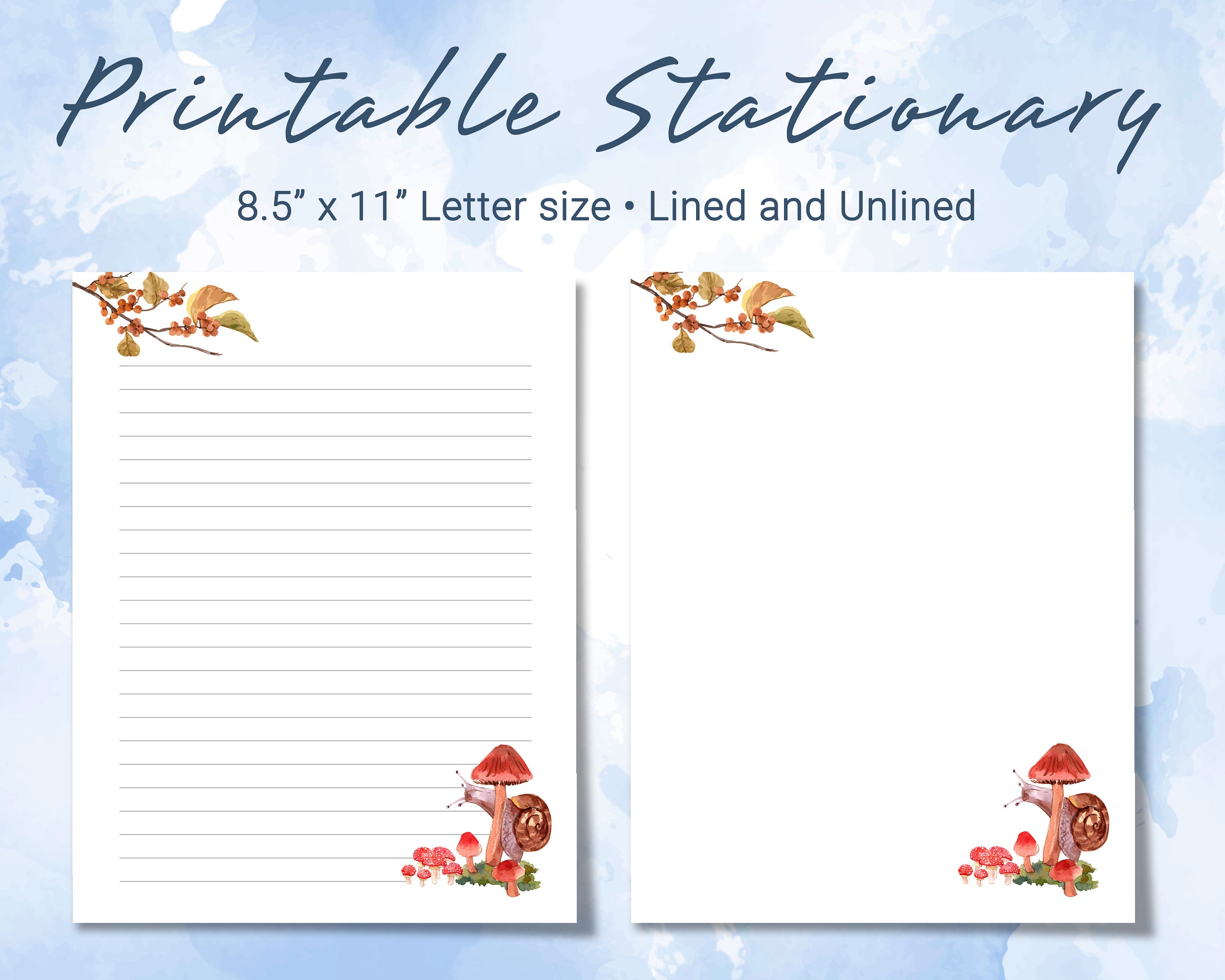 Printable Stationary Lined Paper, Mushrooms Fly Agaric Snail Watercolor ...