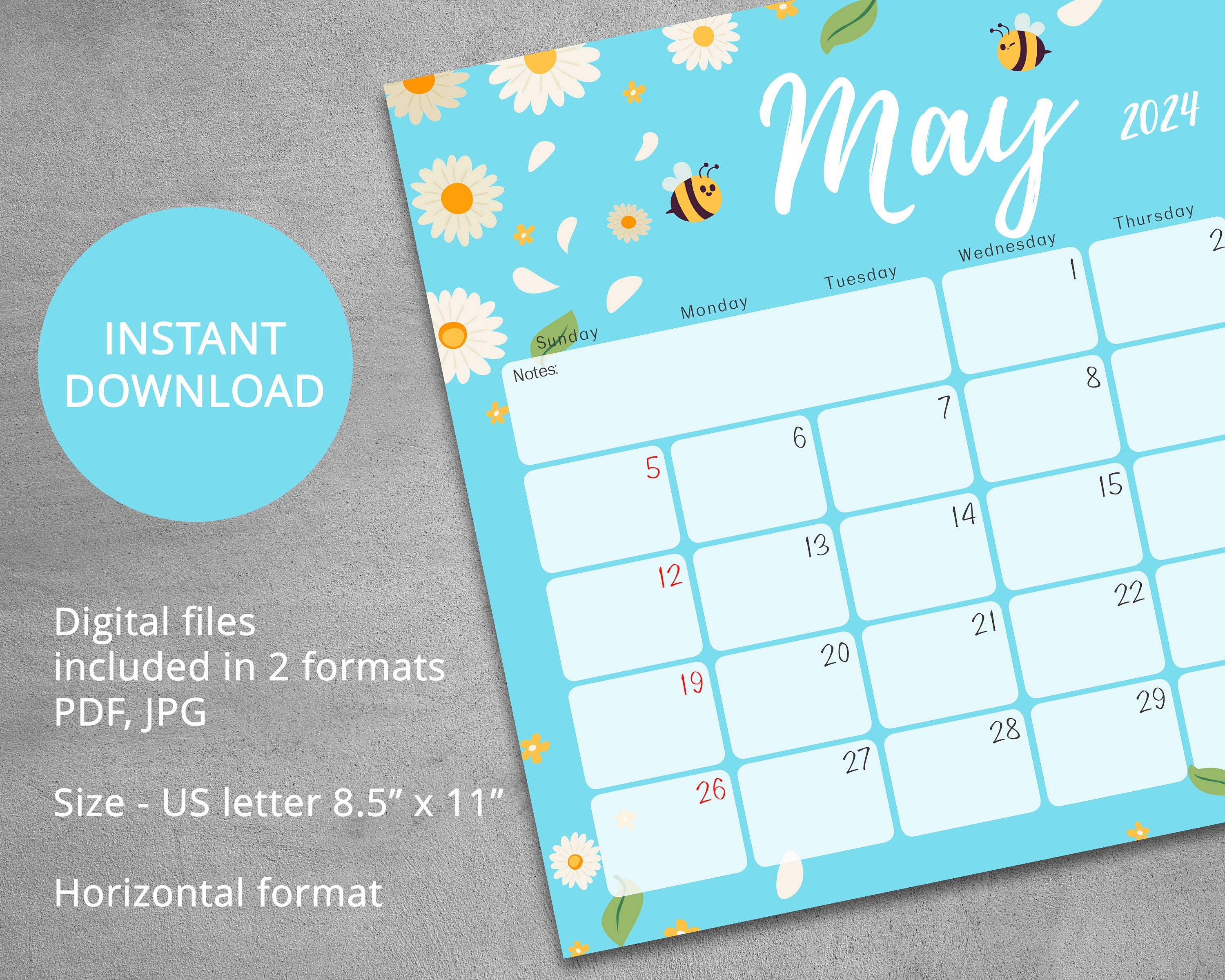 Calendario editable de mayo de 2024, Calendario de pared de primavera ...