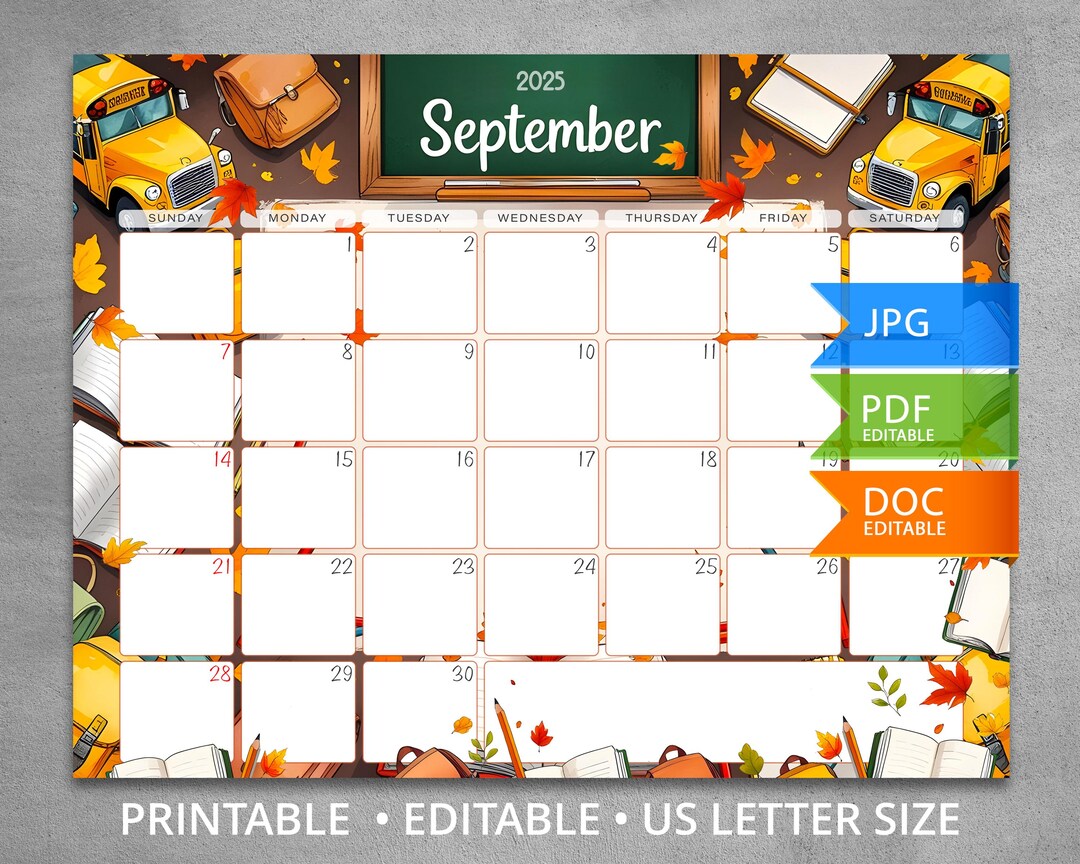 Editable September 2025 Calendar Printable | Back to School Planner ...