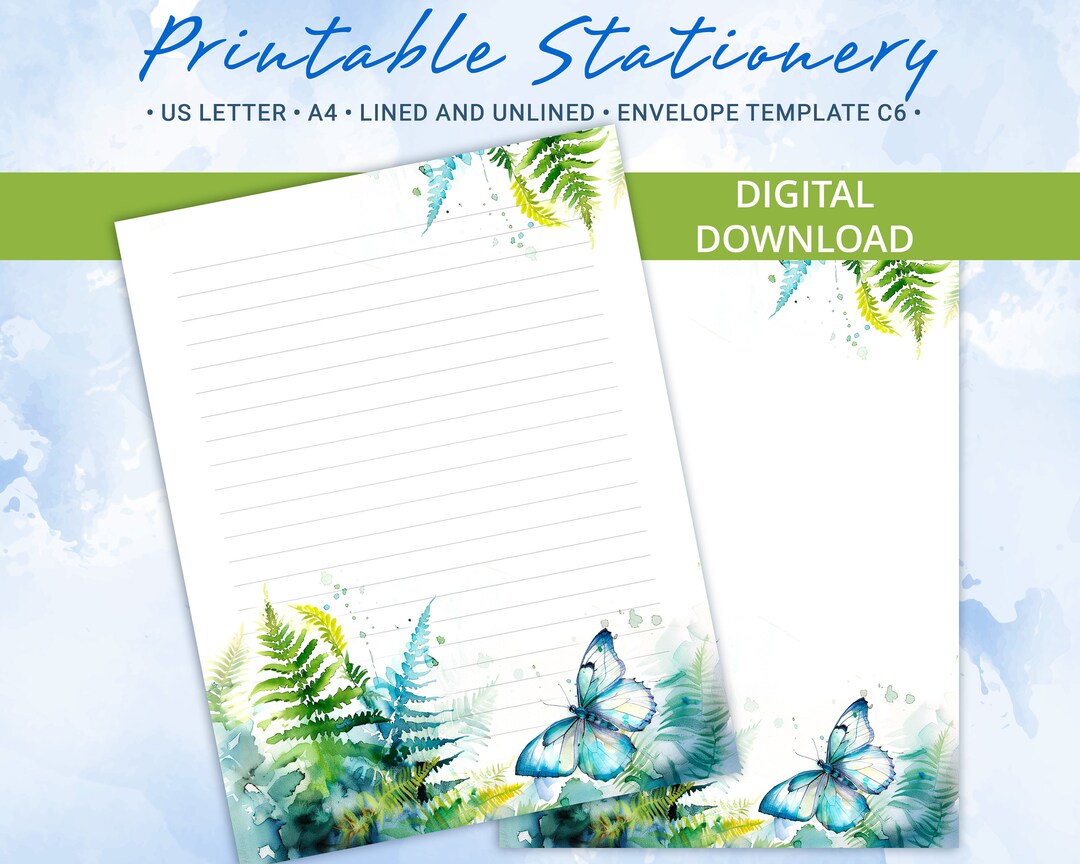 Printable Stationery Lined Paper, Letter Writing Paper With Butterfly ...
