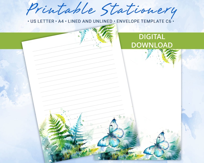 Printable Stationery Lined Paper, Letter Writing Paper With Butterfly ...