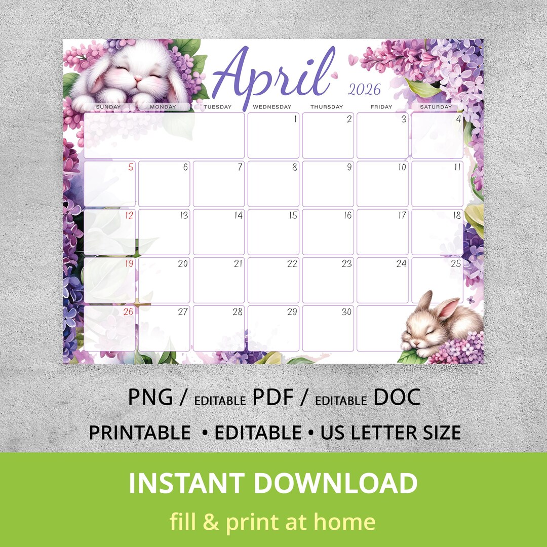 April 2026 Printable Calendar, Bunny Floral Planner (editable PDF & PNG ...