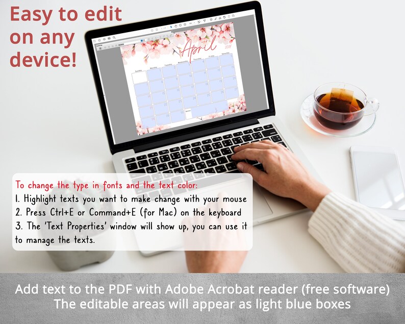 Editable April 2024 Calendar, Floral Printable Fillable Planner With ...